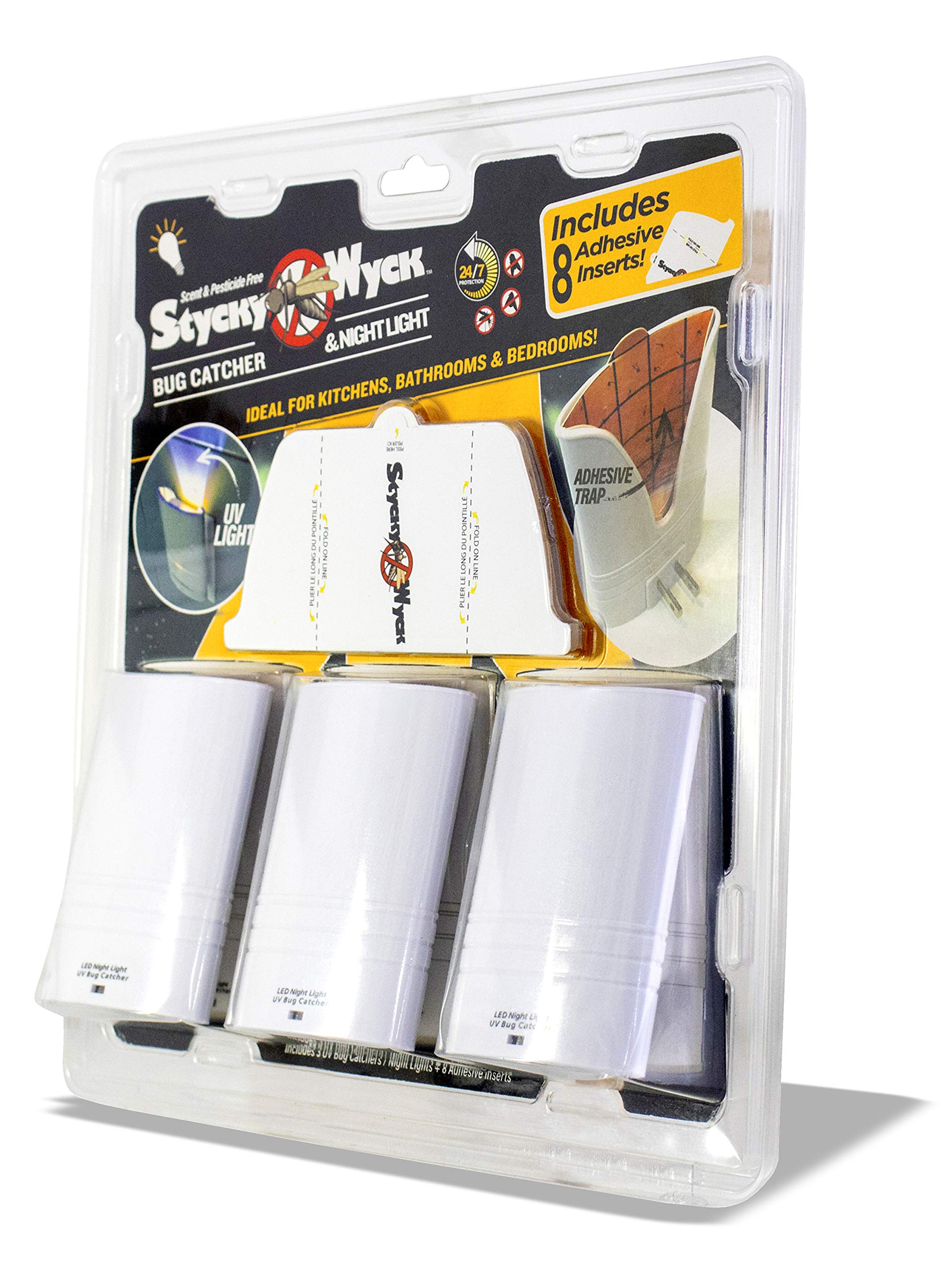 Stycky Wyck LED UV Bug Catcher (Multi-Pack) - Plug in Bug Catcher - Night Light - Safe for Indoor Use - Adhesive Inserts Included