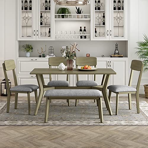 Lifeand Piece, Wooden Dining Table and Fabric Chairs with Bench(Antique Yellow+Gray), Mid-Century Style Set for 6