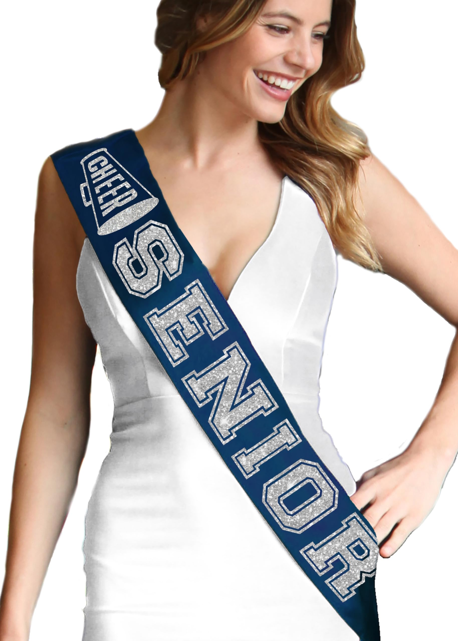 Navy Blue Cheer Senior Sash - Silver Glitter Cheer Senior Navy Blue Premium Grade Satin Sash - Senior Night Supplies for Cheerleaders - Navy Blue Satin (SLV Cheer)