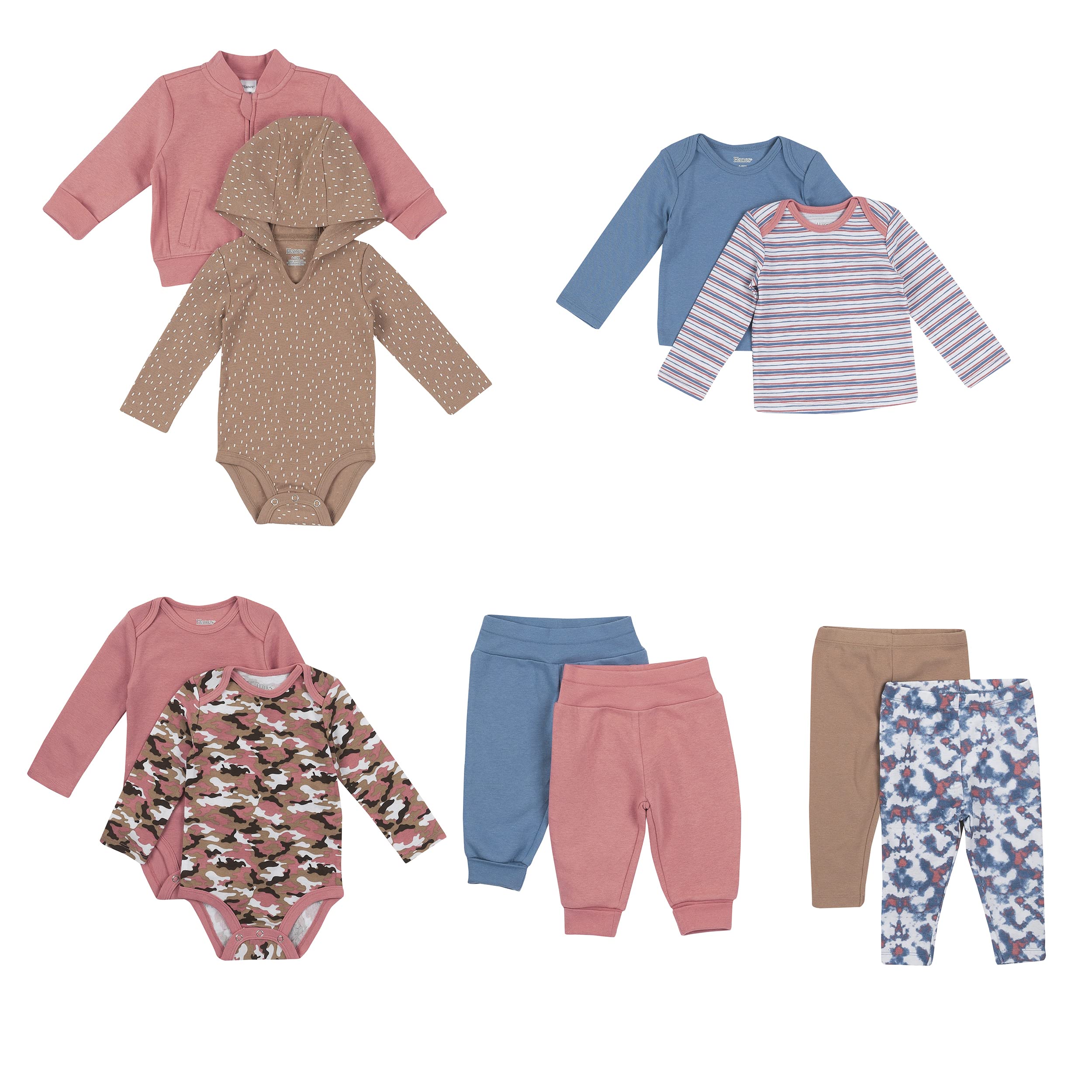 Hanes Wardrobe, Flexy Soft 4-Way Stretch Knit and Fleece Gift Set, Babies and Toddlers, Tan/Pink/Blue, 12-18 Months
