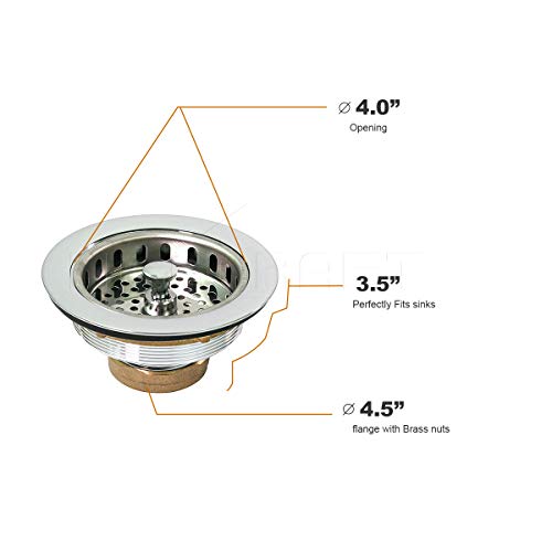 Highcraft 9734 Heavy Duty Kitchen Sink (3-1/2 Inch) Stainless Steel Drain Assembly with Strainer Basket Kohler Style Stopper, Stainless-Steel