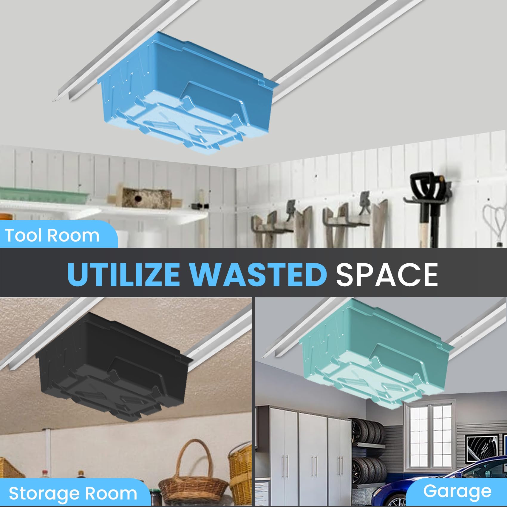 Mokemok Overhead Garage Storage Rack 0.1-inch Thickened Heavy Alloy Steel Garage Bin Storage System with Adjustable Rails-71" x 71" x 3.5",Ceiling Storage Rack Organizes Up to 12 Tote Bins(Pro)