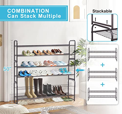 SLEEPING LAMB 2 Tier Metal Long Shoe Rack for Closet, Stackable Wide Shoe Storage Organizer 18-Pairs Low Shoe Shelf for Entryway, Bedroom, Wire Grid, Bronze