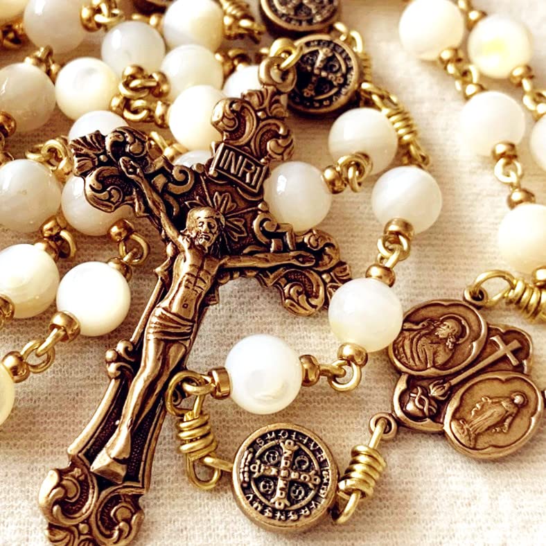 elegantmedical HANDMADE COPPER CATHOLIC ROSARY Moonlight Mother of Pearl Beads necklace Crucifix Cross gift box Gift