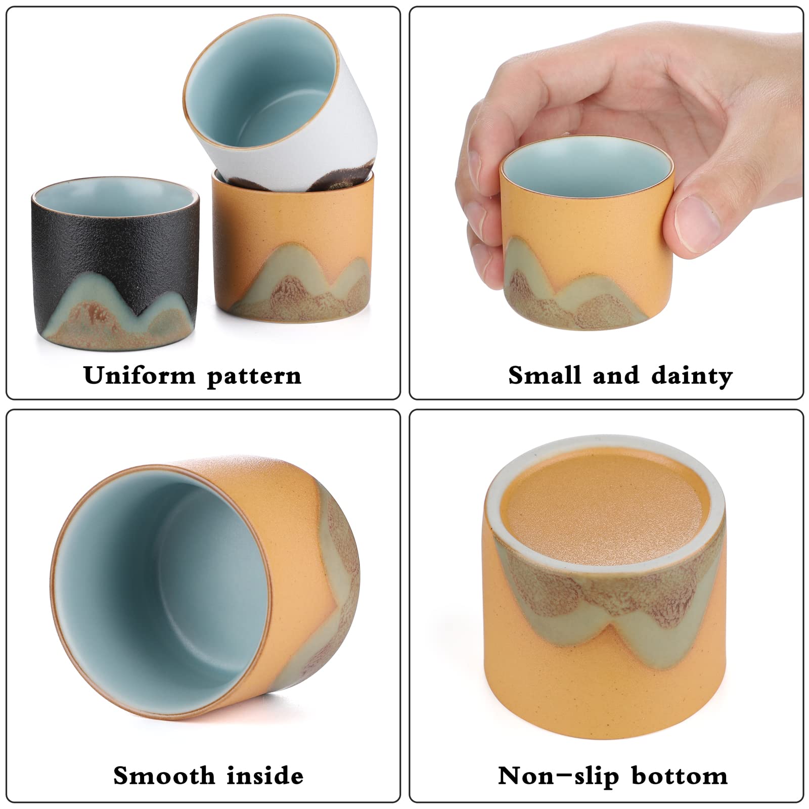 Evannt Ceramic Tea Cups Chinese Tea Cup Set of 3 Small Japanese Tea Cups Porcelain Sake Cup Kung Fu Tea Set Retro Style (Style 1#)