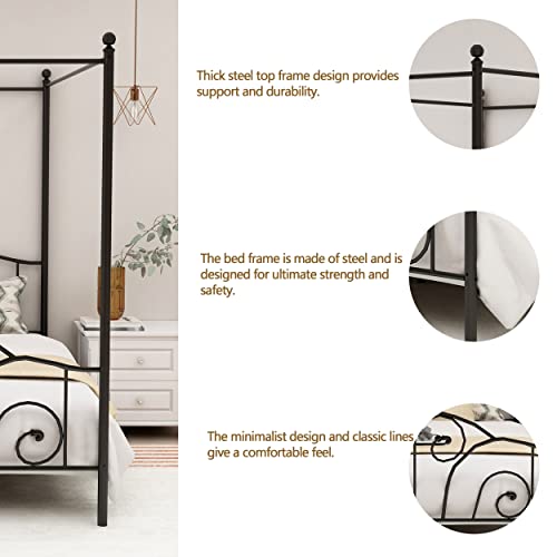 RYR Queen Size Canopy Bed Frame Four Poster Metal Platform Bed with Headboard Footboard, No Box Spring Needed Black