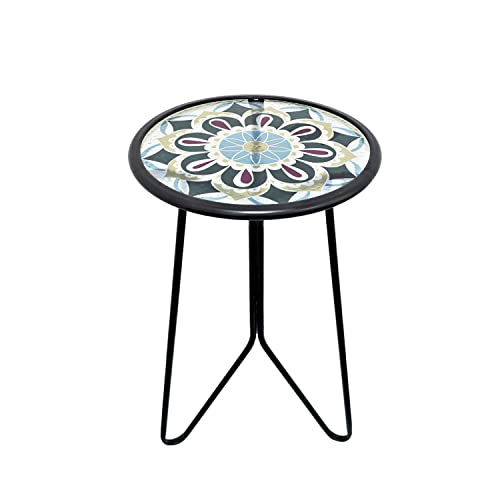 LIFFY Outdoor Side Tables, 12" Weather Resistant Metal & Glass Patio Accent Side Table, Indoor Small Round Home Decorative End Table, Plant Stands Table Outside, for Yard Balcony Garden Bedside