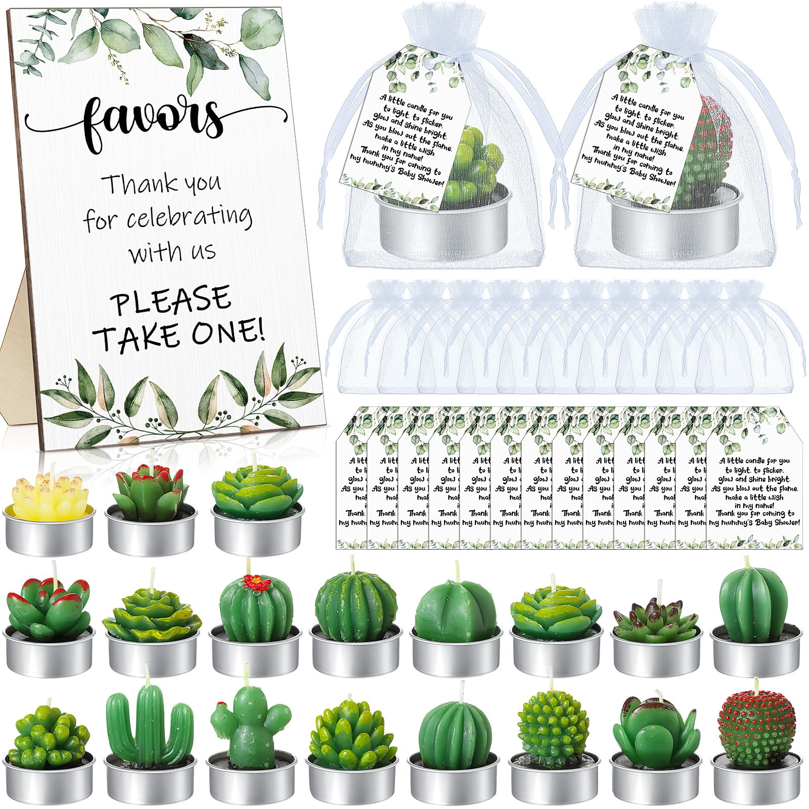 MTLEE 36 Sets Succulent Cactus Candles Baby Shower Favors for Guests Include 36 Plant Tealight Candles 36 Thank You Tags 36 Organza Bags Wooden Standing Sign for Gender Reveal Gifts (Greenery)