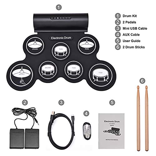 Electronic Drum Set, Roll Up Drum Practice Pad with Headphone Jack Built-In Speaker Digital Touch 7 Labeled Drum Pads 2 Foot Pedals Up to 10H Playing Time, Holiday Gift for Kids