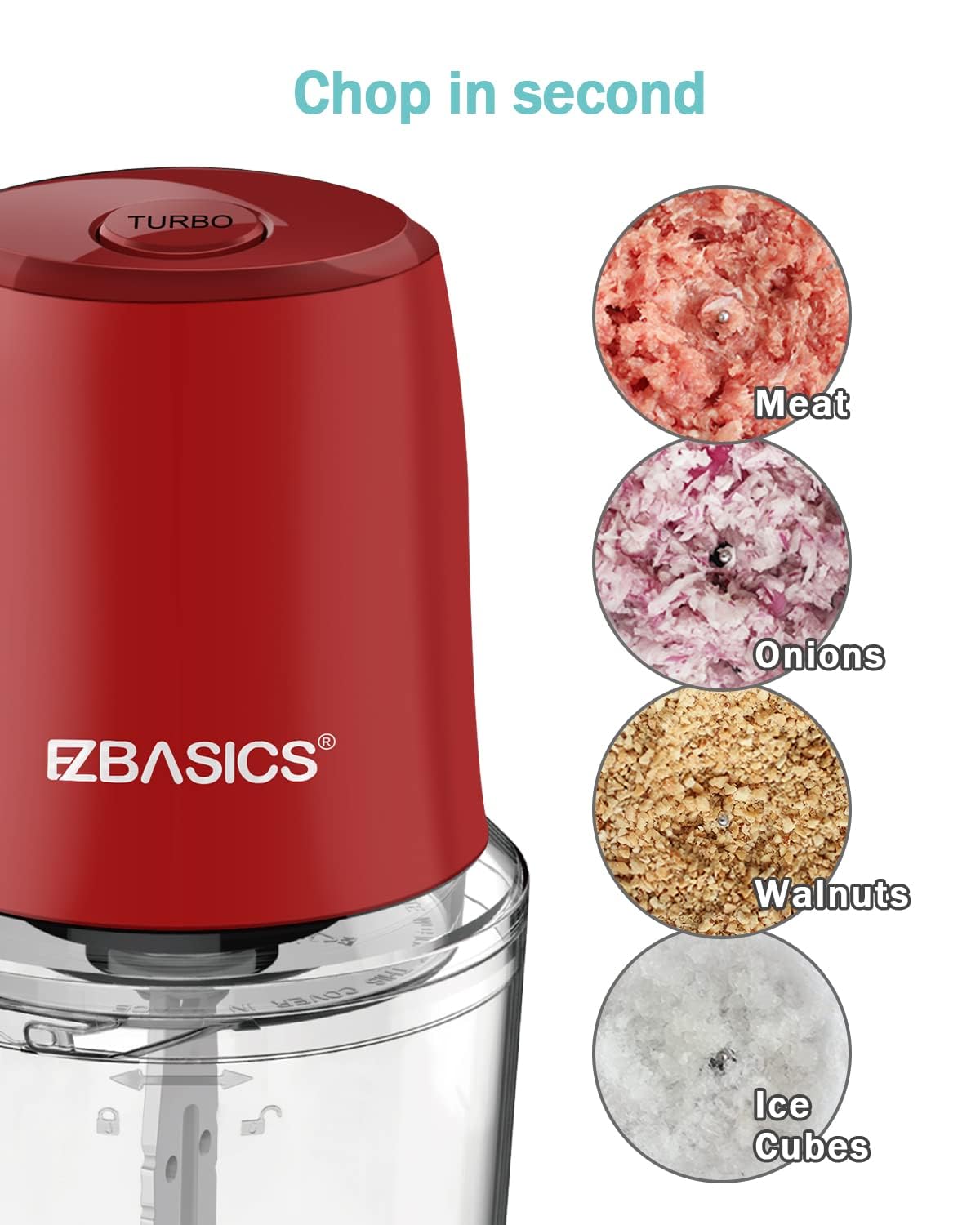 EZBASICS Food Processor, Small Food Processor for Vegetables, Meat, Fruits, Nuts, 2 Speed Mini Food Chopper With Sharp Blades, 2-Cup Capacity, Red