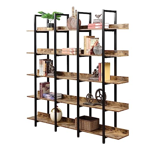 SmallCock 5 Tier Bookcase Home Office Open Bookshelf, Vintage Industrial Style Shelf with Metal Frame (Brown)