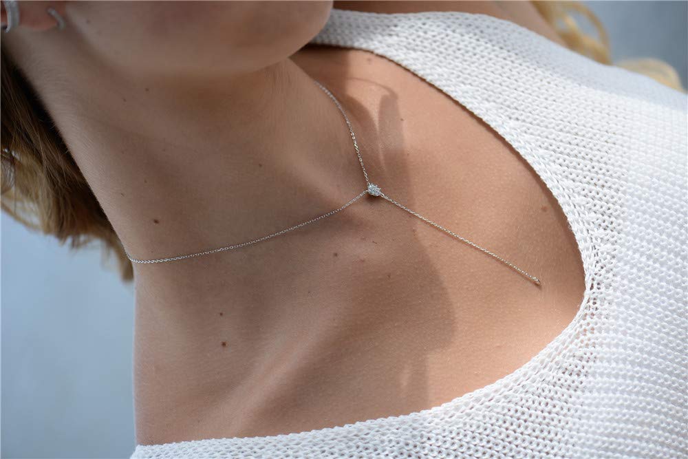 Dainty Sterling Silver Necklace Small Waterdrop Lariat Necklace Y-Shaped Platinum Plating