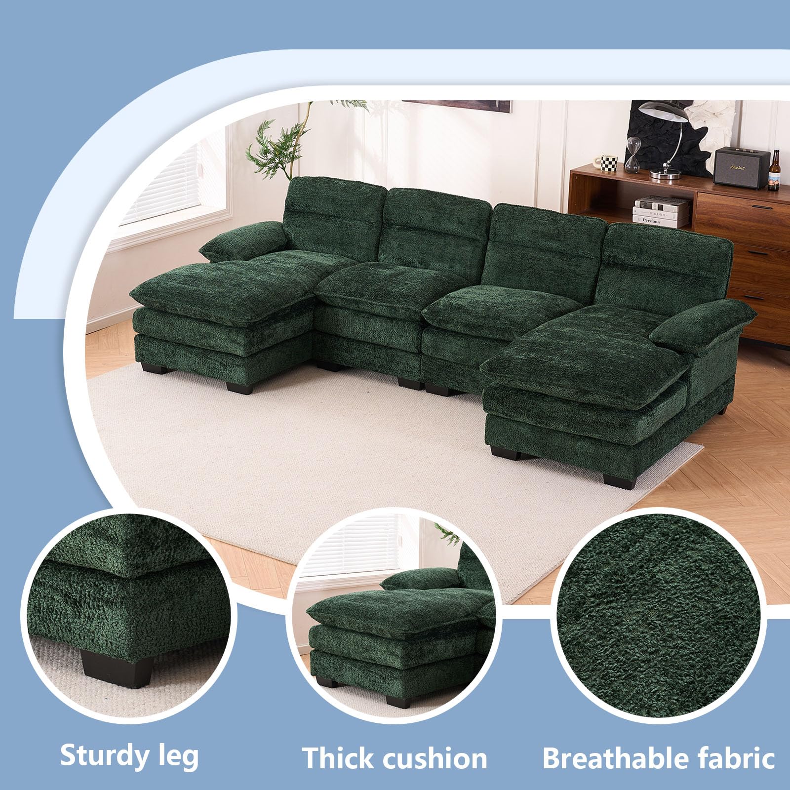 HANLIVES 111.8" U-Shaped Sofas for Living Room Apartment,Modern 4 Seats Sectional Sofa Couch with Double Chaise,Chenille Fabric Cloud Couches-Green