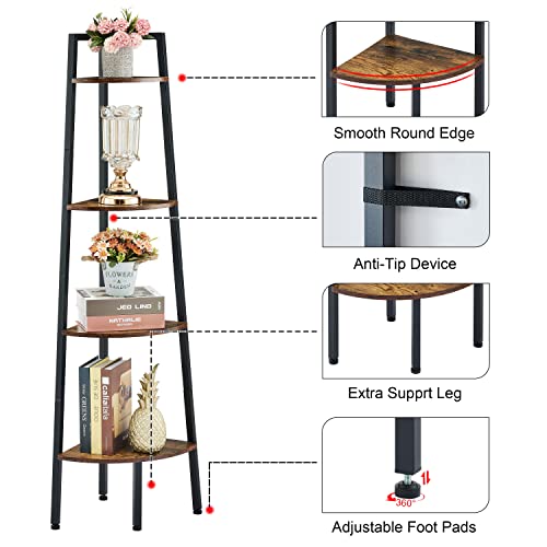 Hoctieon Corner Shelf, 4-Tier Corner Bookshelf, Rustic Corner Ladder Shelf, Industrial Display Shelf for Living Room, Kitchen, Home Office, Balcony, Small Space, Metal Frame, Rustic Brown