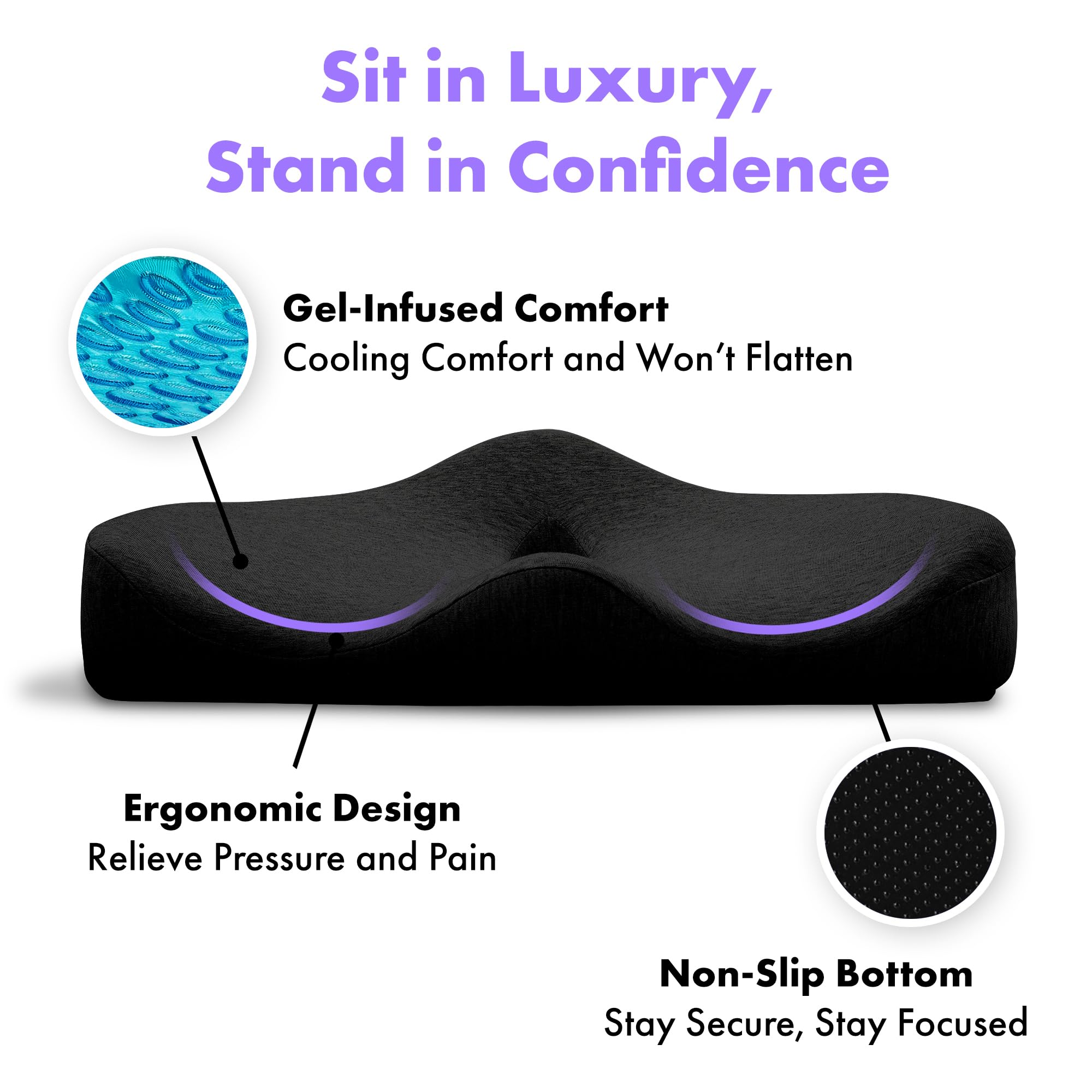 FORARIĀ® Patented Seat Cushion for Desk Chair - Firm & Thick, Best for Back & Hip Pain Relief, Comfort for Long Sitting, with Never-Flat Gel Insert - Coccyx, Sciatica, Tailbone (Black)