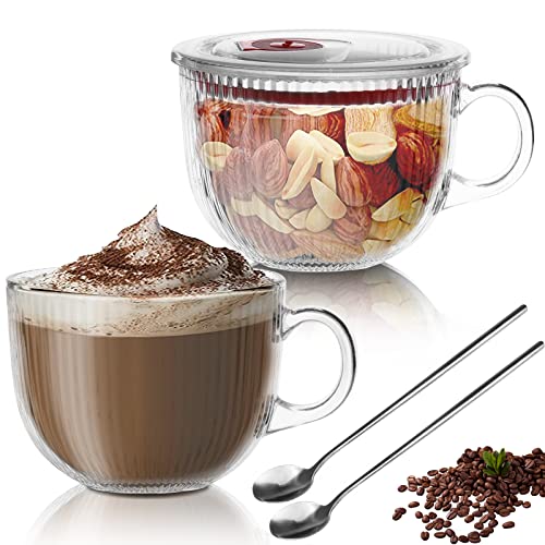 OULOVECO Glass Cereal Bowl Clear Oatmeal Bowl with Handle Spoon,Glass Coffee Mug with Lids Milk Breakfast Bowls Yogurt Bowl for Latte Tea Microwave Safe,400ml/13.5 oz,Set of 2
