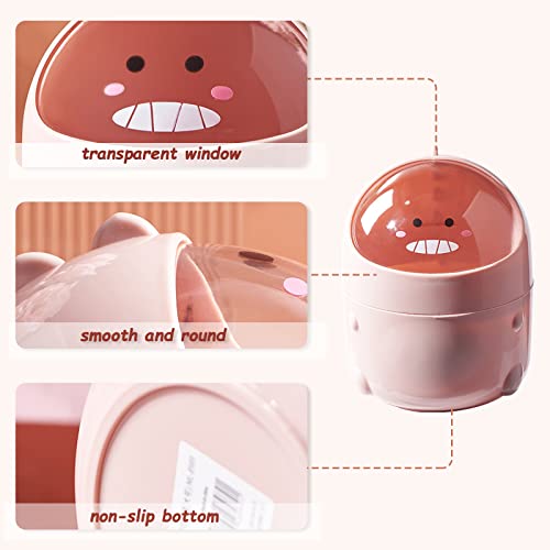 YISTOS 0.73 Gal Mini Desktop Trash Can with Lid, Cute Little Dinosaur Countertop Garbage Bin, Plastic Tiny Tabletop Wastebasket for Office/Kitchen/Coffee Table Room Decoration - Pink