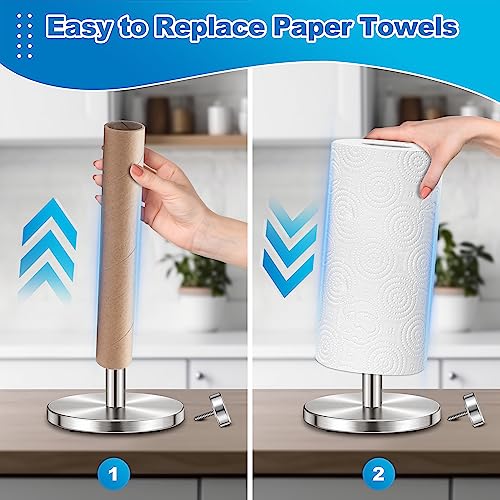 SMARTAKE Paper Towel Holder, Standing Kitchen Roll Holder with Suction Cups, One-Hand Tear Paper Towel Stand, Non-Slip Weighted Base, Fit Most Paper Rolls, for Kitchen Table Countertop, Silver