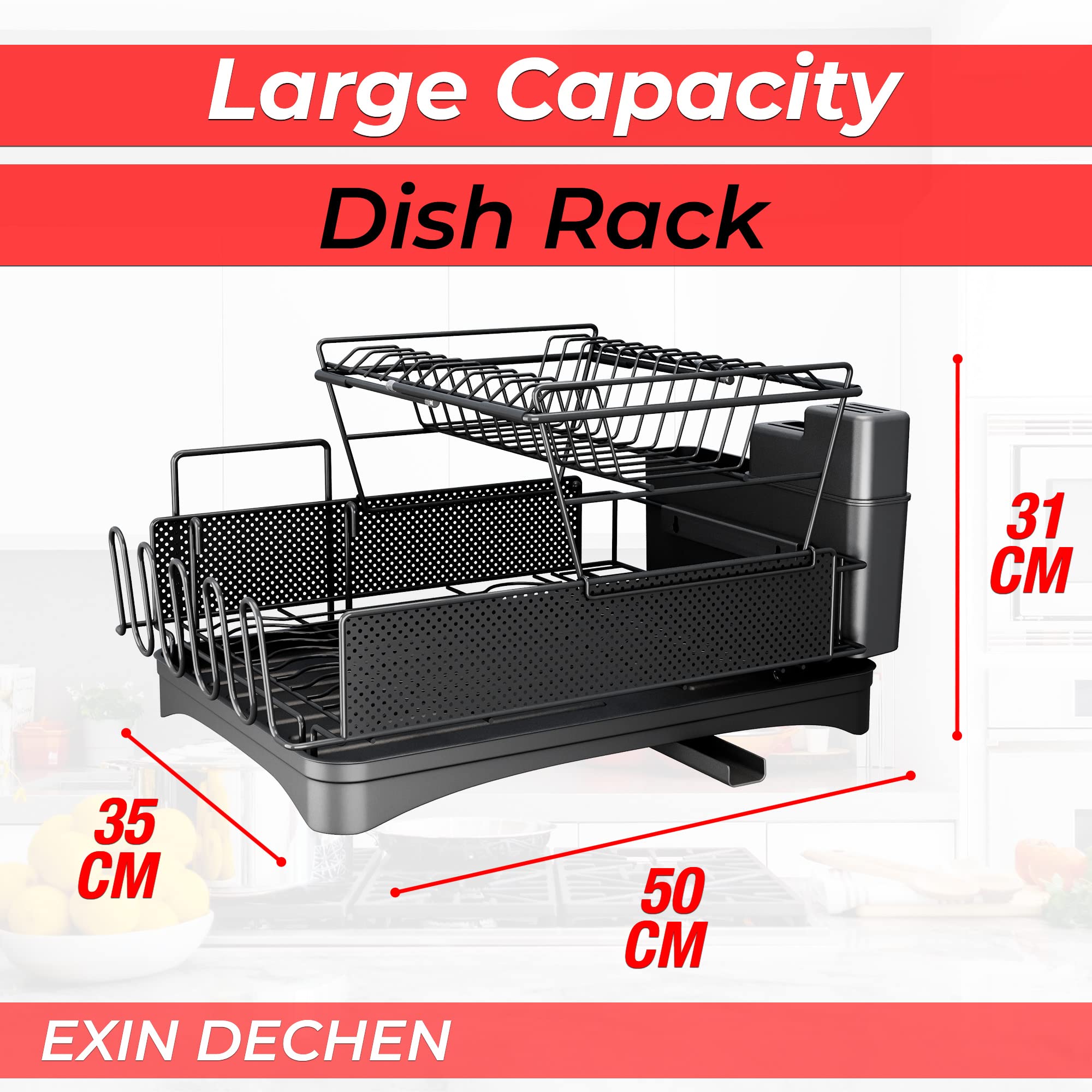 EXIN DECHEN Dish Drying Rack – 2 Tier Large Dish Rack with Auto Drainage, Stainless Steel Dish Drainer for Kitchen Counter with Glass Holder, Cutting Board Holder and Extra Drying Mat