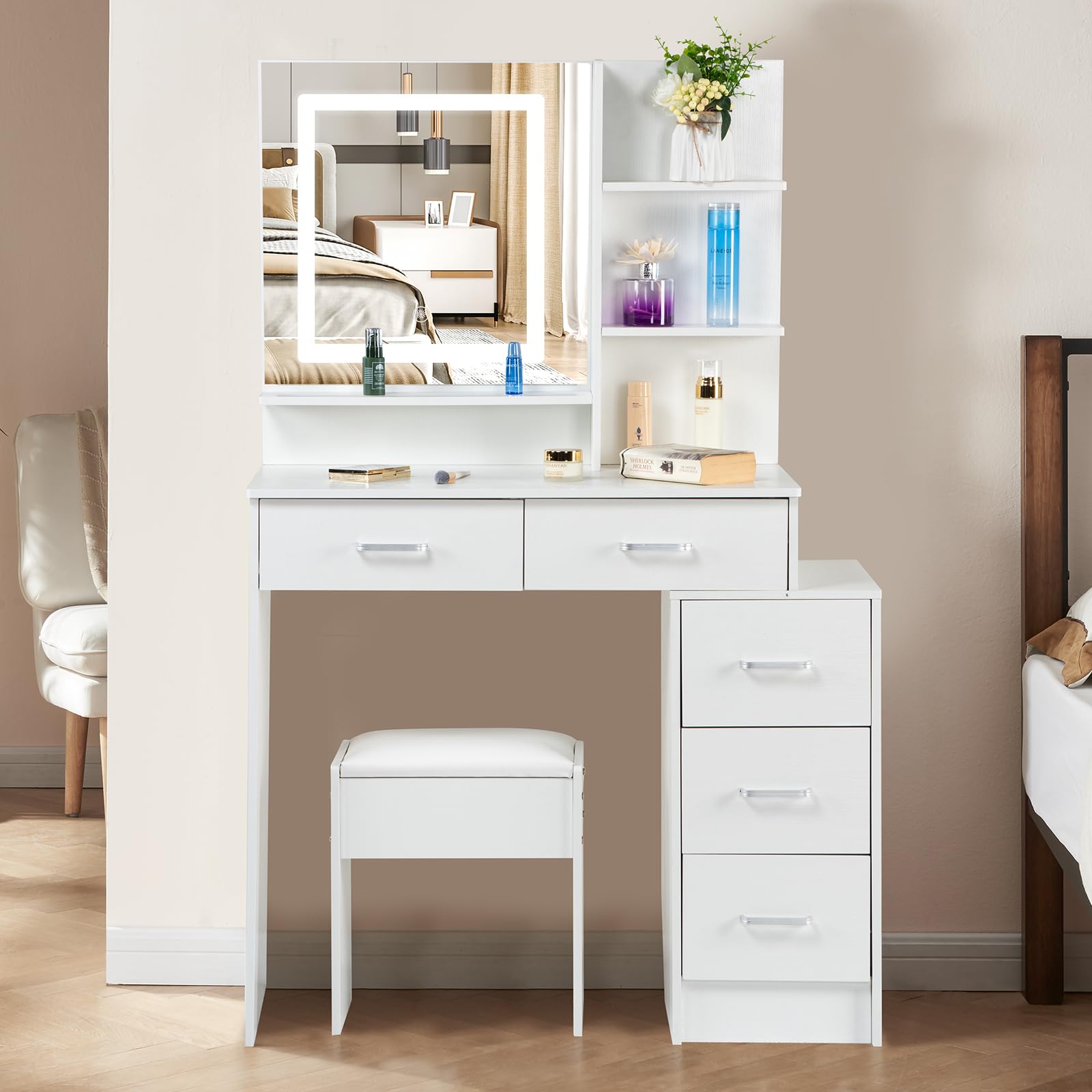 Dradaomull Makeup Vanity with LED Light in 3 Colors, Vanity Table with 4 Shelves and 5 Drawers, Dressing Table with Chair and Adjustable Brightness for Bedroom