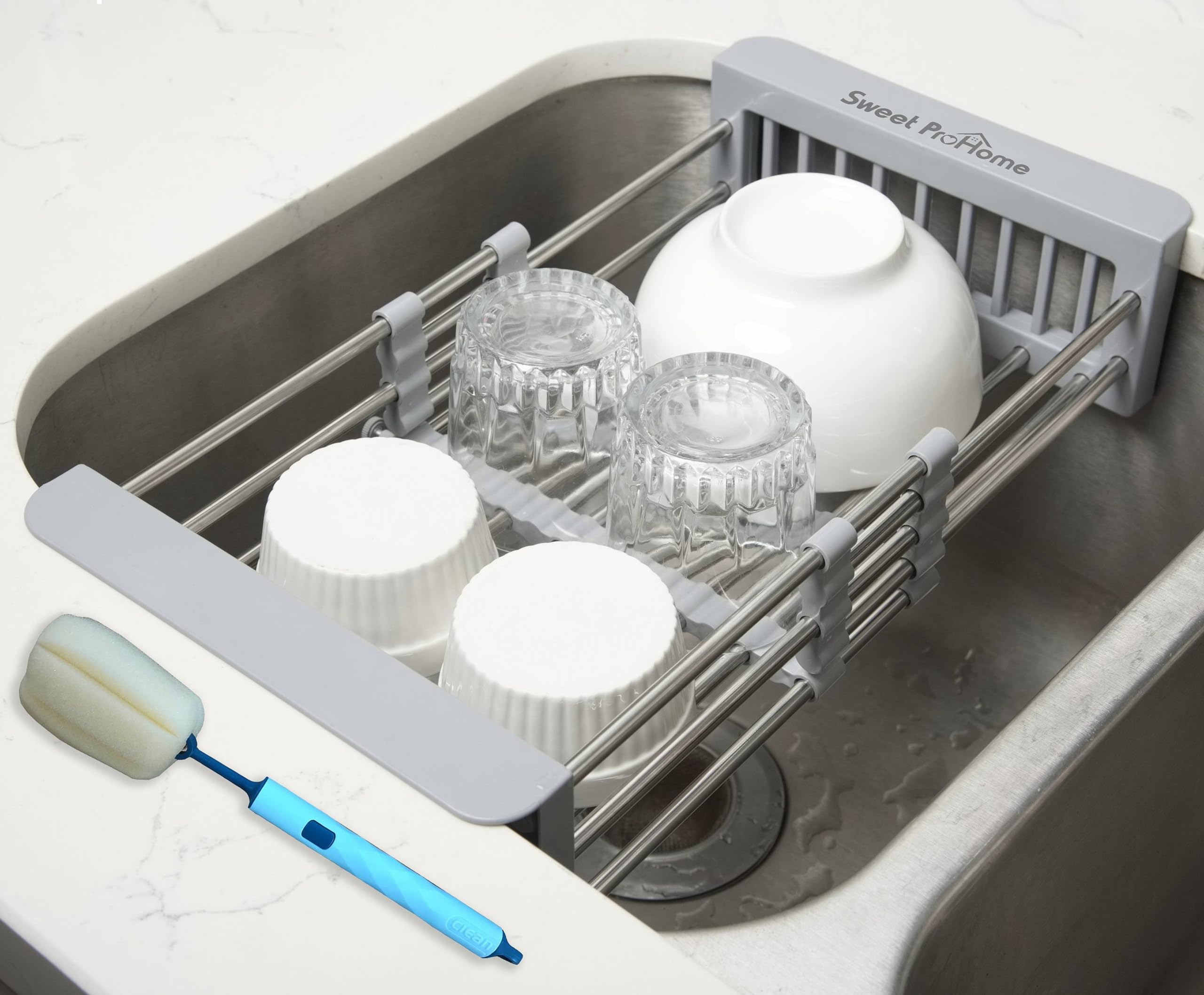 Dish Drying Rack + Handheld Scrubber/2-in-1 Offer/Multipurpose Adjustable Dish Rack + Fruit & Vegetable Strainer/Durable Stainless Steel Over Sink Dish Drying Rack/Drying Rack for Kitchen Sink Basket
