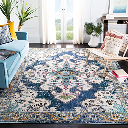 SAFAVIEH Madison Collection Area Rug - 10' x 14', Navy & Grey, Boho Chic Medallion Distressed Design, Non-Shedding & Easy Care, Ideal for High Traffic Areas in Living Room, Bedroom (MAD452M)