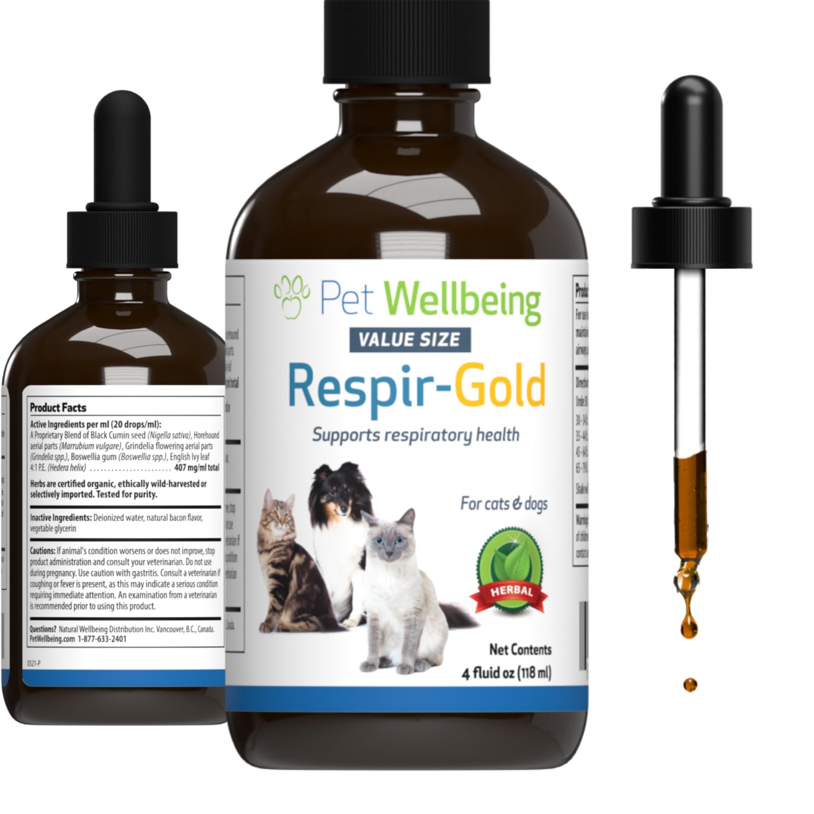 Pet Wellbeing Respir-Gold for Dogs & Cats - Supports Healthy Breathing, Open Airways, Respiratory Support, Black Cumin, Horehound, Grindelia - Veterinarian-Formulated Herbal Supplement 4 oz (118 ml)