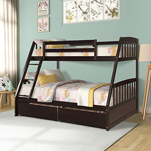 Solid Wood Twin Over Full Bunk Bed with Two Storage Drawers (Espresso)
