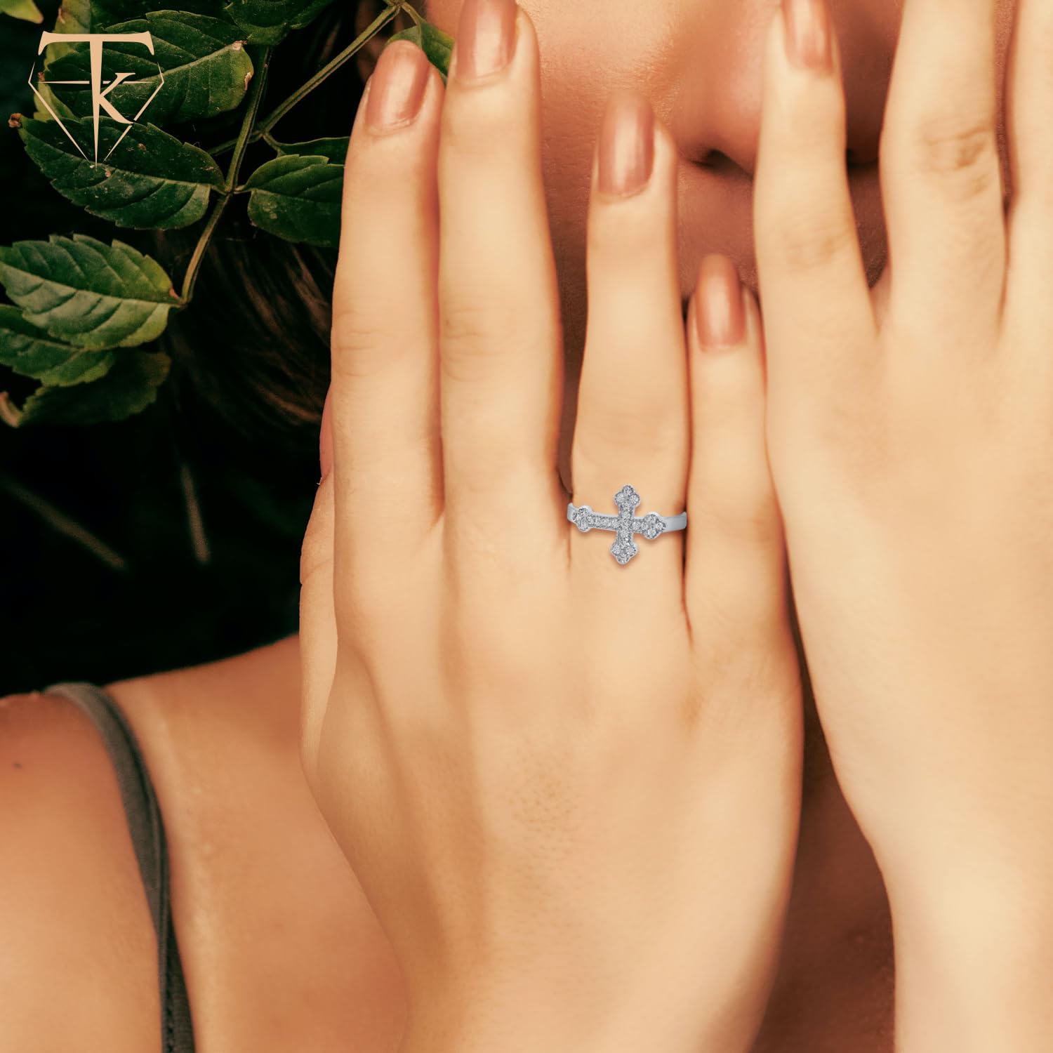 Elegant Sterling Silver CZ-Studded Cross Ring, Cubic Zirconia,
