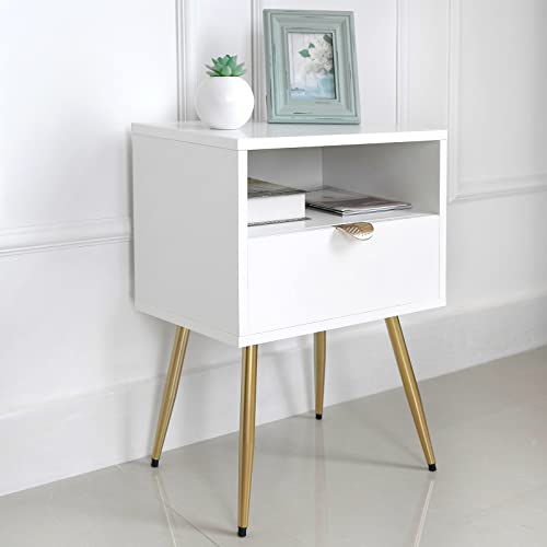 White Mid Century Modern Nightstand, Wood End Table for Living Room, Bed Side Table, Night Stand with Drawer and Shelf, Sturdy Construction, Easy Assembly