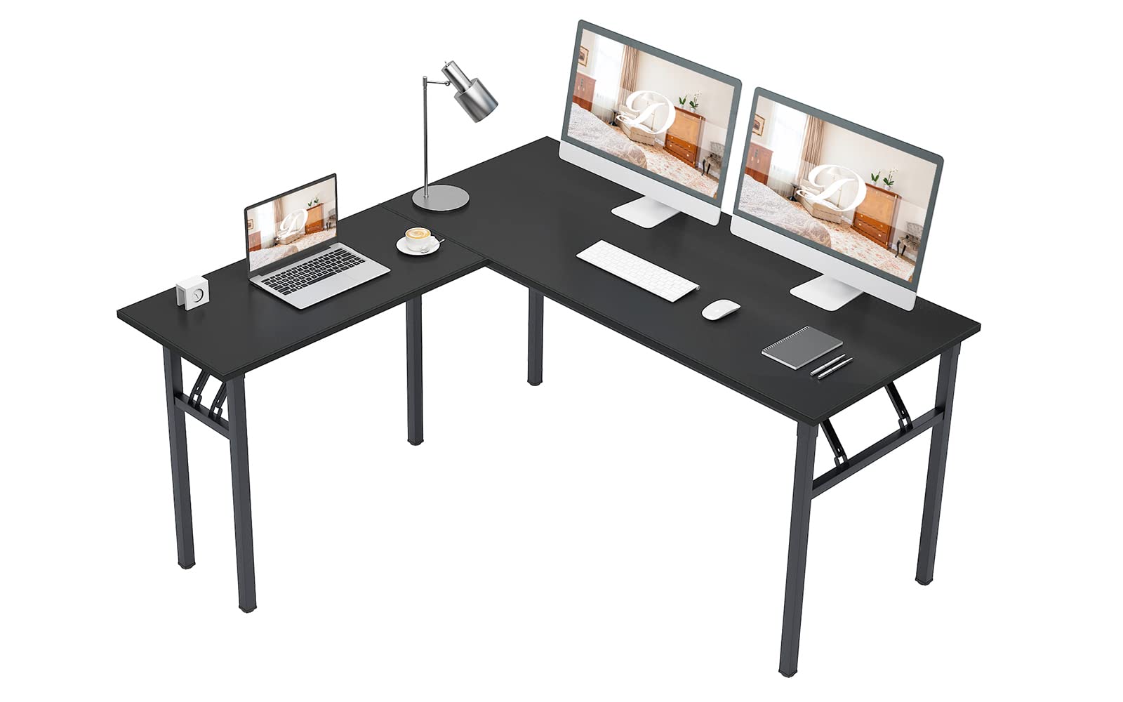 DlandHome Reversible L-Shaped Desk Large Corner Desk Folding Table Computer Desk Home Office Table Computer Workstation, Brown Black, ND11