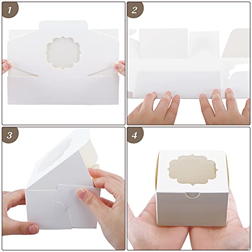 TOMNK 100pcs 4 Inches White Bakery Boxes Cookie Boxes Kraft Baking Box with Window for Cupcakes Candy Chocolate Strawberries Muffins Donuts and Party Favor 4x4x2.5 Inches