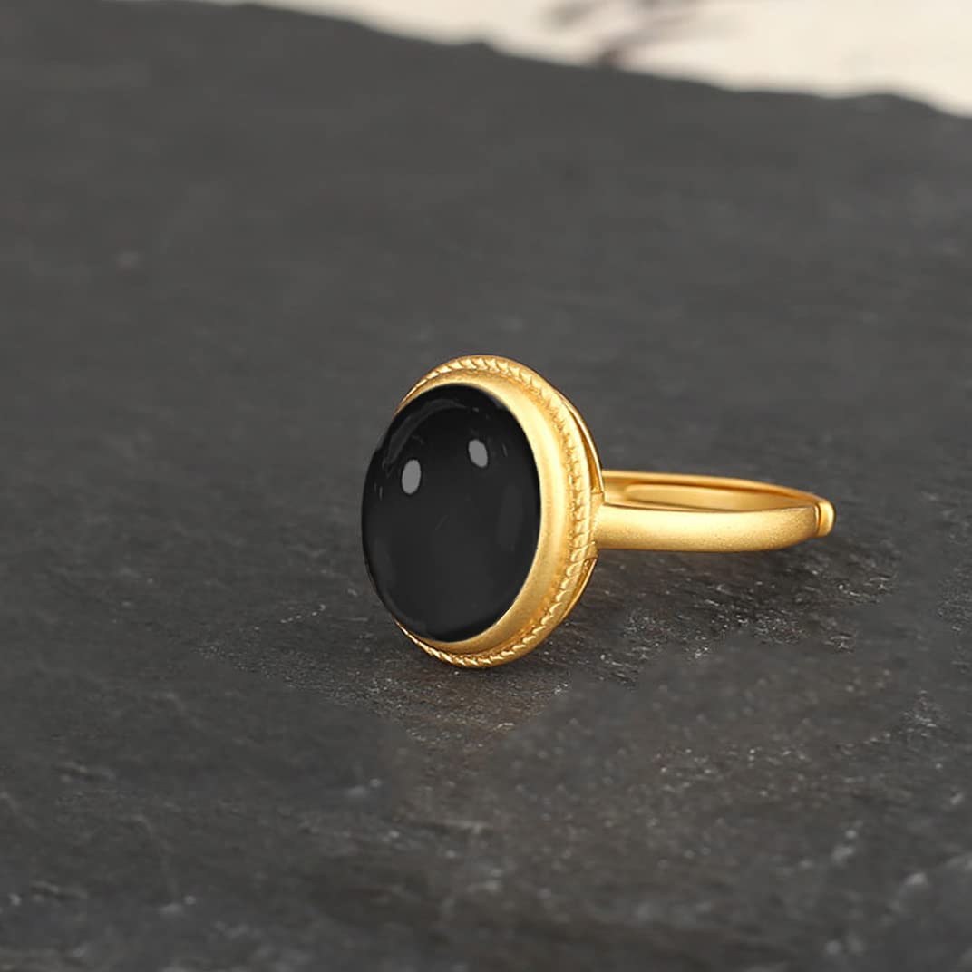 DALEGEM Women 14K Gold Natural Round Agate Onyx Stone Ring,Real Genuine Crystal Quartz Gemstone Stone Ring Jewelry for Women (Stone_C, Adjustable)