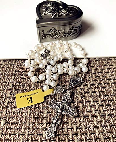 elegantmedical Handmade AAA 6MM Real Pearl Beads Catholic Our Lady Grace Rosary Cross Necklace Box Case Gifts (White)