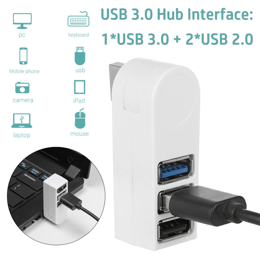 TXY Universal Mini Rotatable 1 Port USB 3.0, 2 Port USB 2.0 Hub High Speed Data Transfer Splitter Box Adapter USB Expander for PC Laptop (White)