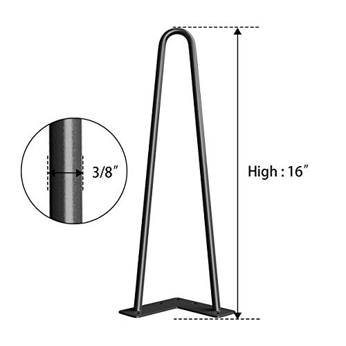 SMARTSTANDARD 16" Hairpin Furniture Legs, Metal Home DIY Projects for Nightstand, Coffee Table, Desk, etc with Rubber Floor Protectors Black 4PCS