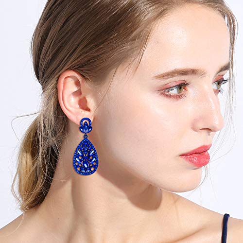 EleQueen Women's Wedding Bridal Austrian Crystal Bohemia Teardrop Chandelier Dangle Earrings Royal Blue Color Blue-Tone