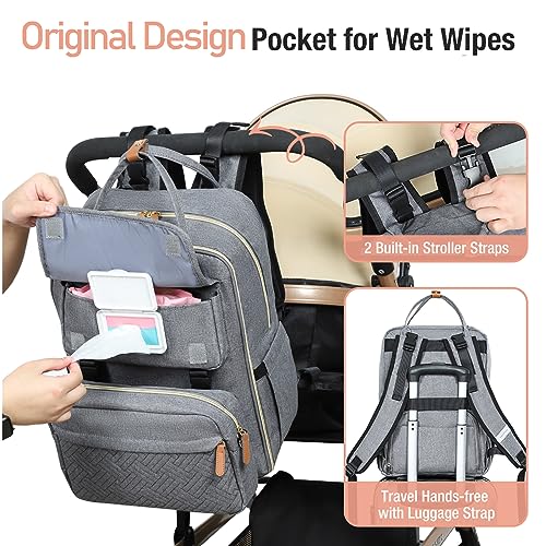 Tonyeee Diaper Bag Backpack- Removable Cross Body Bag,Travel Essentials Baby Bag with Changing Pad & Stroller Straps,Multi function Large Capacity, Waterproof and Stylish, Gray