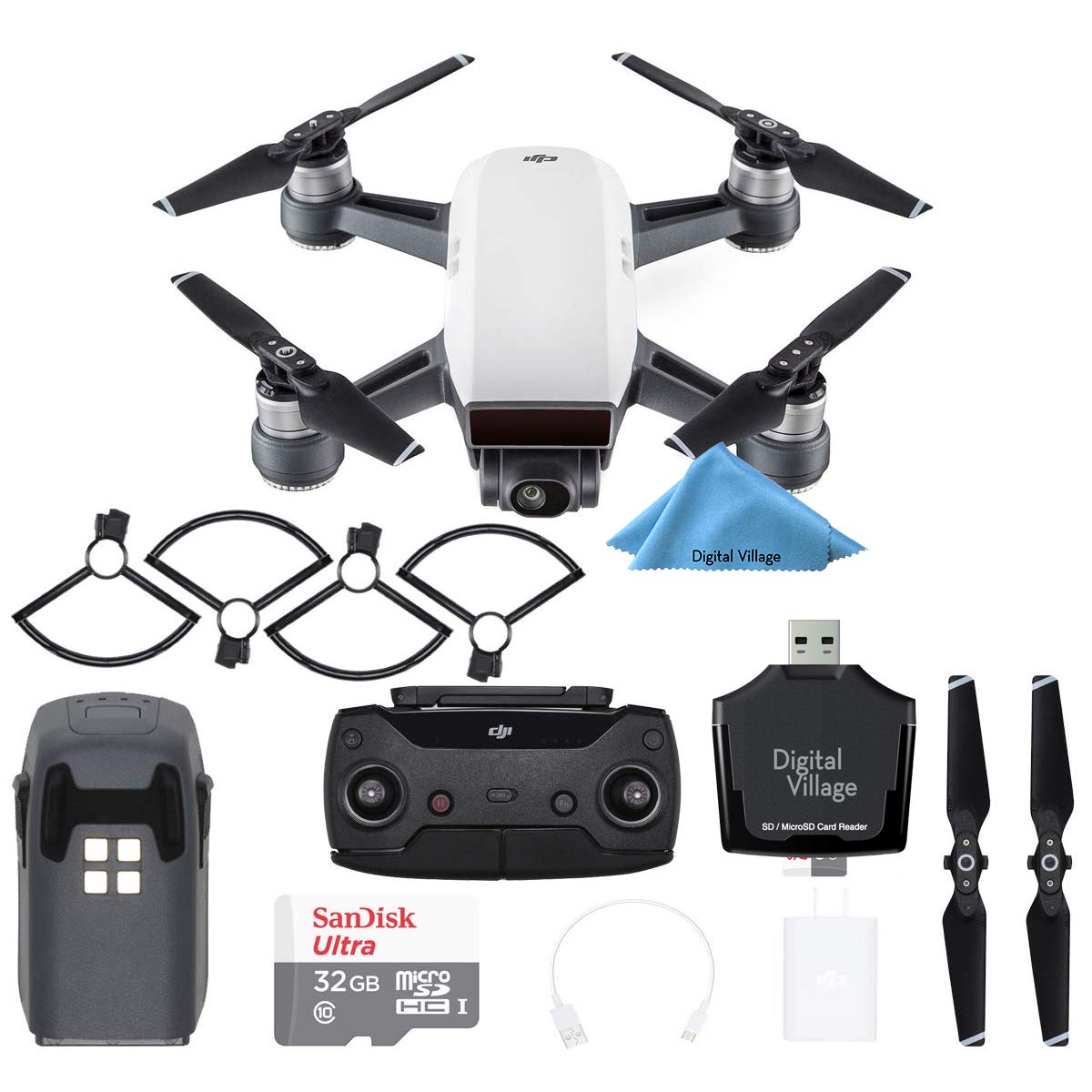 DJI Spark Drone Quadcopter (Alpine White) with Remote Controller, Battery, Sandisk Ultra 32GB Memory Card, Card Reader, Prop Guards Bundle Starter Kit