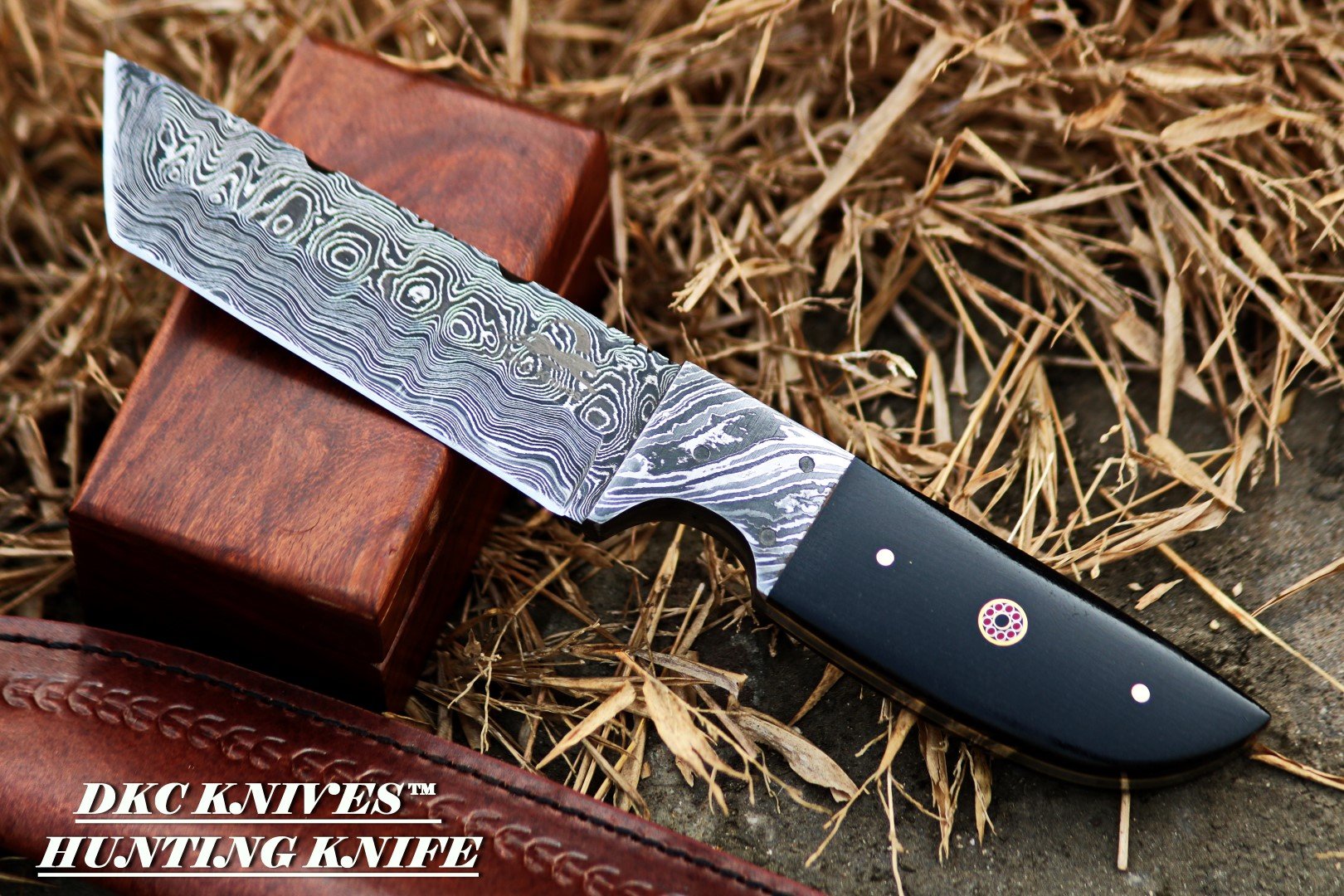 DKC-524-DS Tanto Sky Damascus Hunting Knife 10" Long 10 oz Black Handle 5" Blade