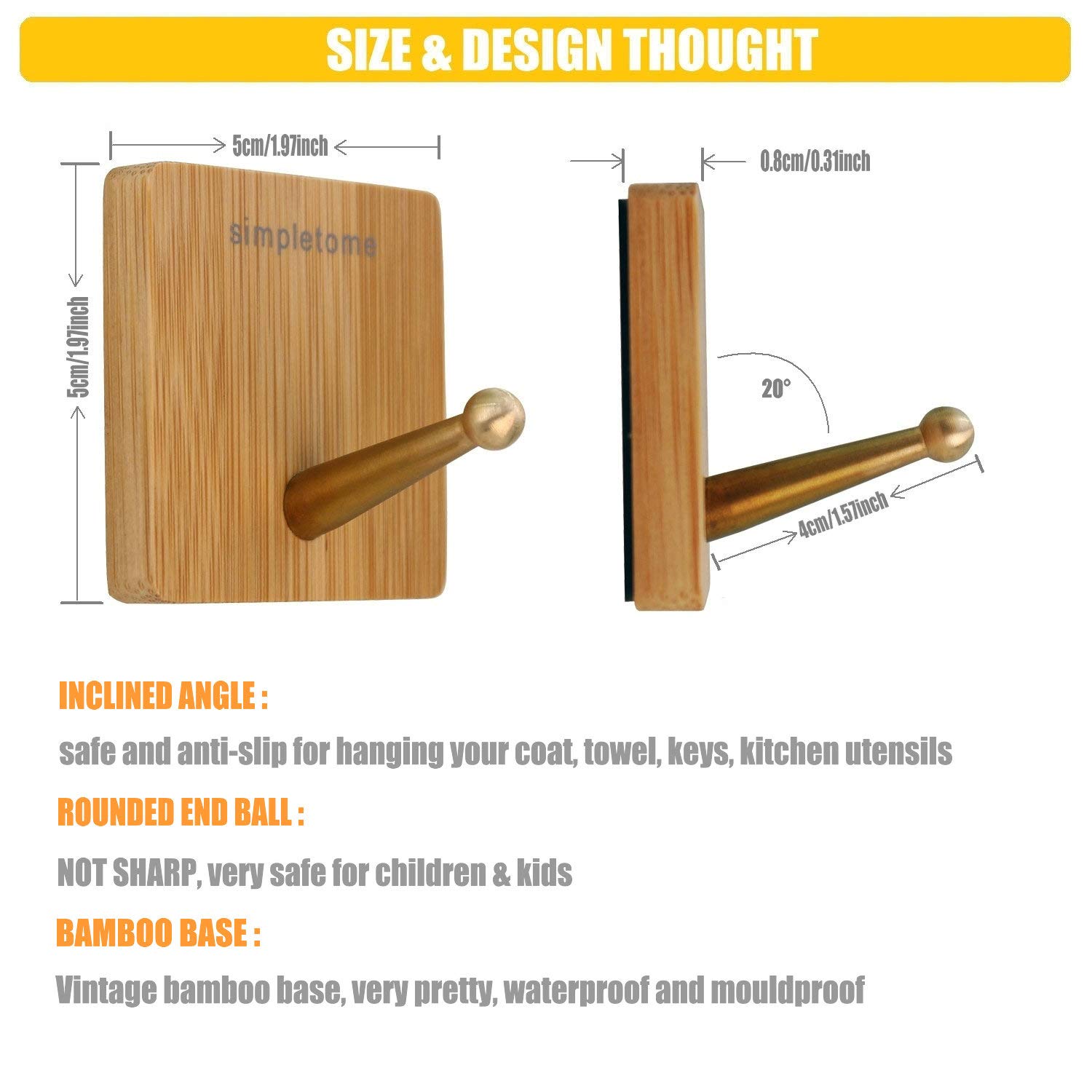 simpletome Adhesive Hooks Heavy Duty Strong Tape + Bamboo + 100% Copper Hanger
