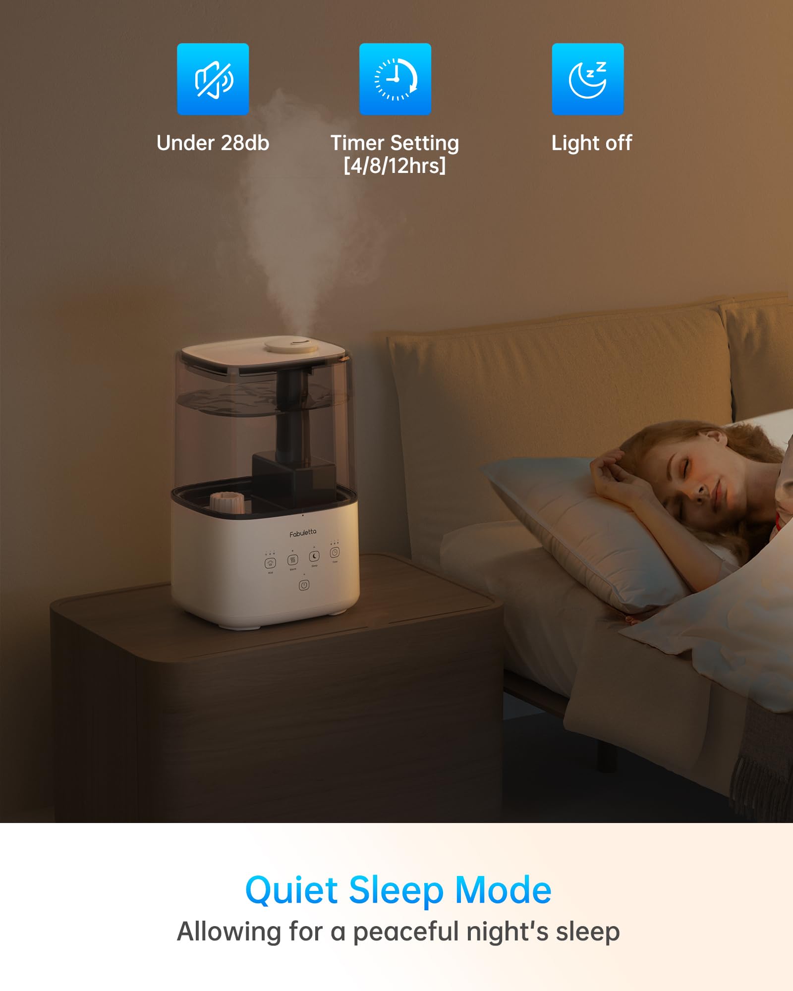 FABULETTA Humidifiers for Bedroom, Warm and Cool Mist Humidifier Large Room for Home, 4.5L Top Fill Room Humidifier with 45H Runtime, 3 Mist Levels, Essential Oil Diffuser, Quiet Sleep Mode & Timer