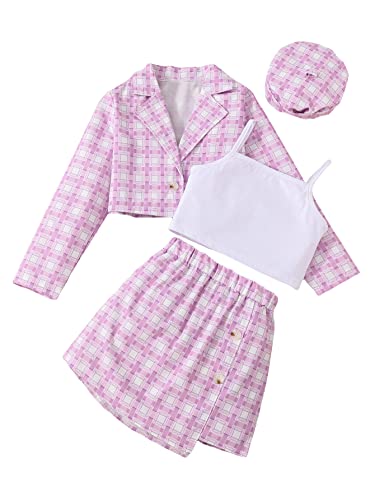 SOLY HUX Girl's Plaid Print Cami Crop Tops and Bodycon Mini Skirt with Blazer Outwear & Hat 4 Piece Outfit Purple and White 9Y