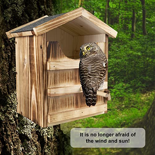 Owl House Hand Made with Bird Stand Design, Owl Nesting Box for Outside Large Handmade Wooden Rectangular Opening Owl Box Bird House with Mounting Screws and A Bag of Wood Shavings, Easy Assembly