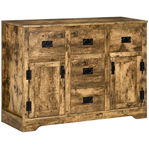 HOMCOM Industrial Sideboard Buffet Cabinet, Kitchen Cabinet with Five Drawers, Two Door Cabinets, Adjustable Shelf Coffee Bar Cabinet, Brown