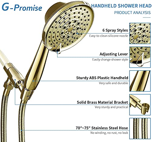 G-Promise Luxury High Pressure 5β Face 6 Setting Detachable Handheld Shower Head with Extra Long Flexible Metal Hose(70β Stretches to 75β), Adjustable Metal Holder, Polished Brass Finish (2.5GPM)