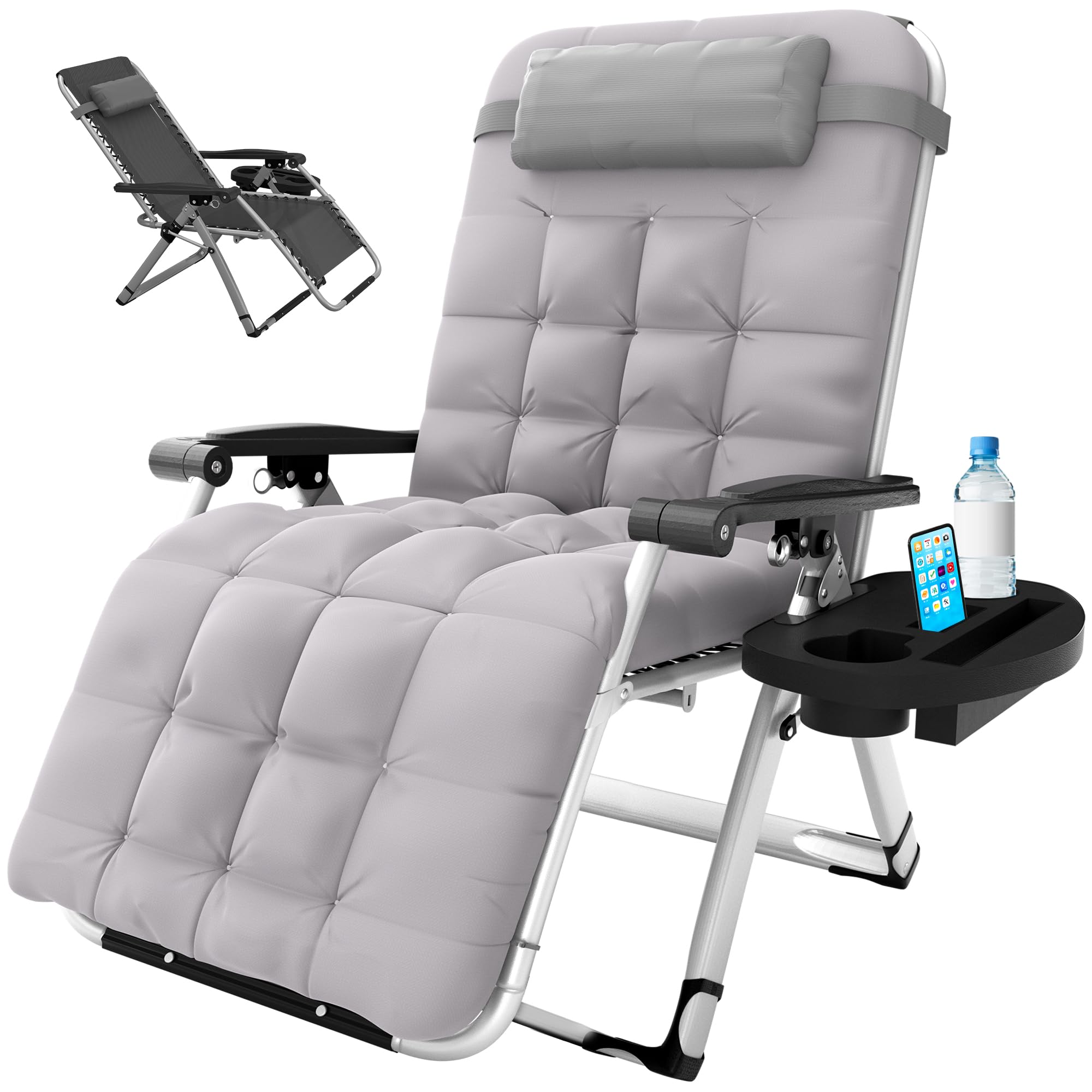 Elevens Oversized Zero Gravity Chair, 30in Reclining Patio Lounge Chair with Removable Cushion & Tray, Patio Lounge Chair with Adjustable Headrest, Support 500 lbs, Gray