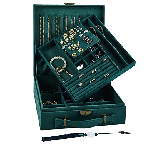 Somduy Jewelry box, 2 Layers, Jewelry Storage and Display Box, Large Capacity Double Row Necklace Storage,with Handle, with Lock,Gift for Your Loved Ones, Vintage Green