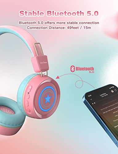 Link Dream Kids Bluetooth Headphones with Microphone for School On-Ear Headphone Toddler Children Wireless Headphone Headset with LED Lights Compatible with Cellphone/Computer/Tablet/iPad (Pink)
