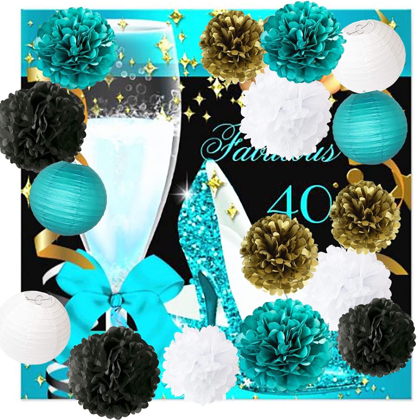 Turquoise Graduation Party Decorations 2024 White Teal Black Gold Party Decorations Paper Lanterns for Teal Theme Party Wedding, Teal Black Bridal Shower Decor Teal Baby Shower Teal Wedding Decoration